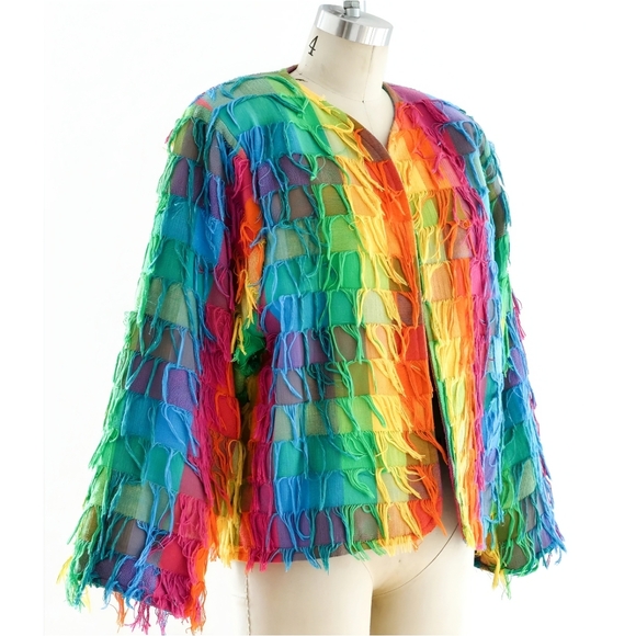 Vintage | Jackets & Coats | Vintage Crystal Fringe Rainbow Plaid Open ...